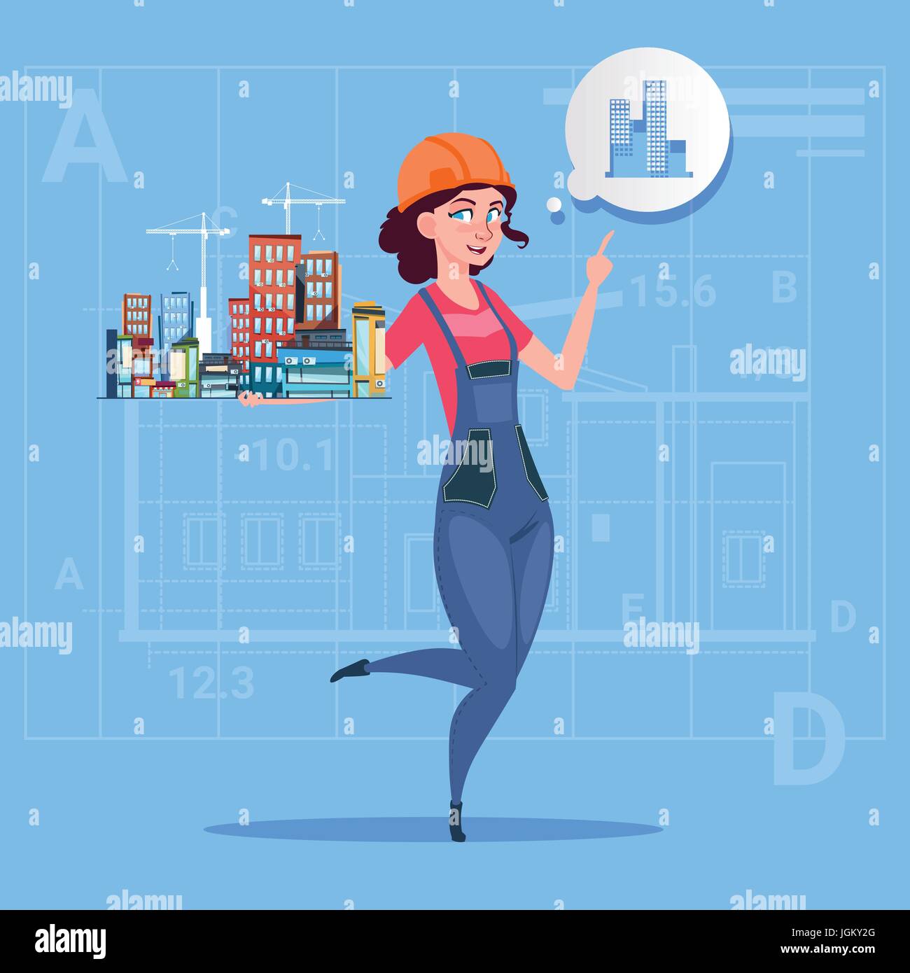 Cartoon Female Builder Holding Small House Ready Real Estate Over ...