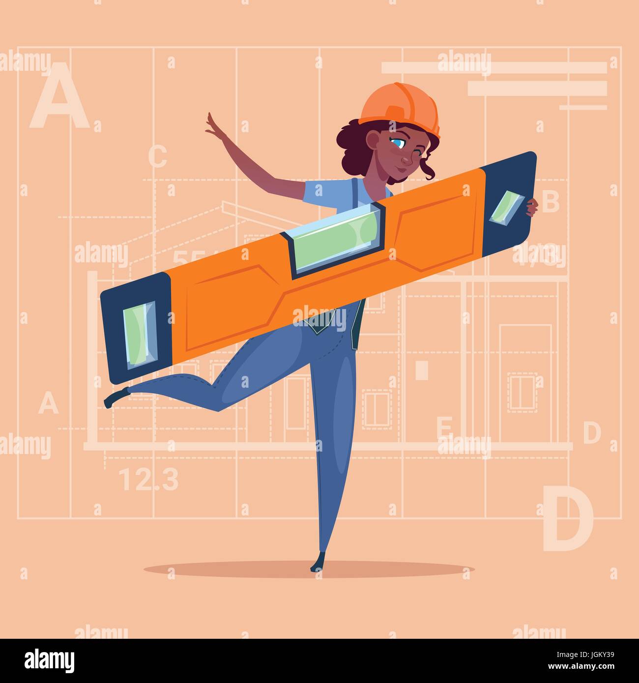 Cartoon Woman Builder Holding Carpenter Level Wearing Uniform And ...