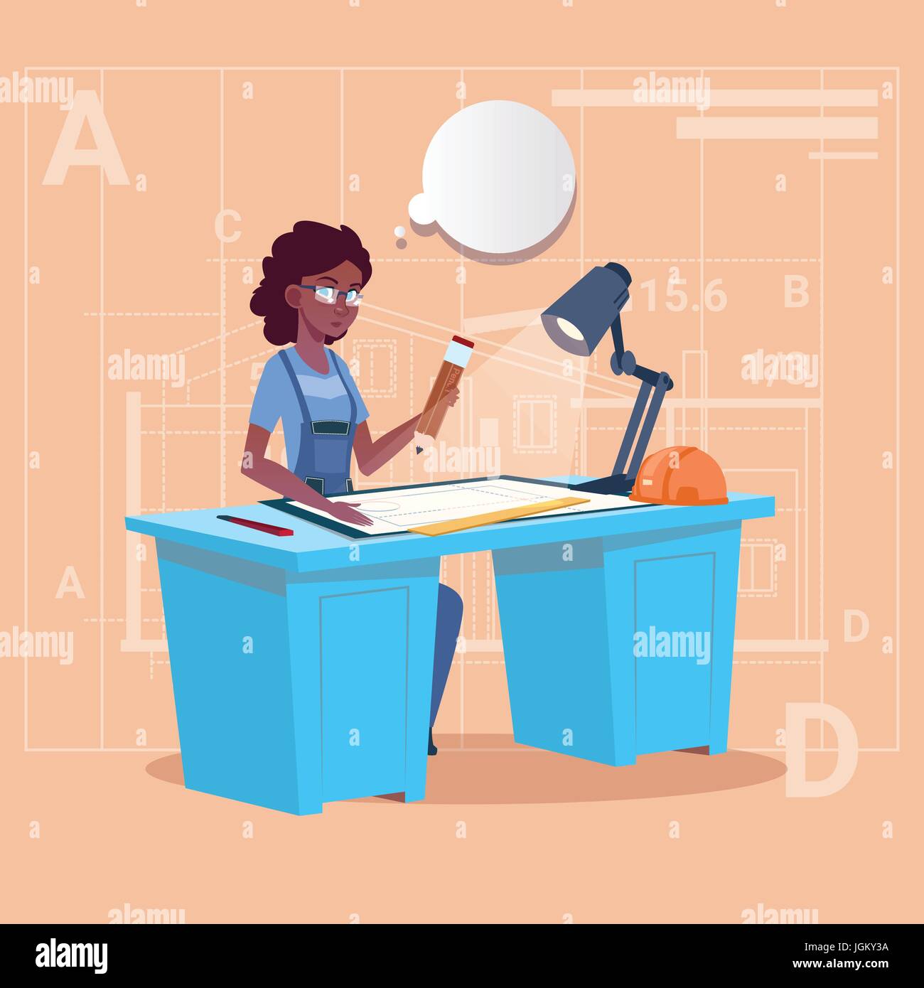 Cartoon African American Builder Sitting At Desk Working On Blueprint ...