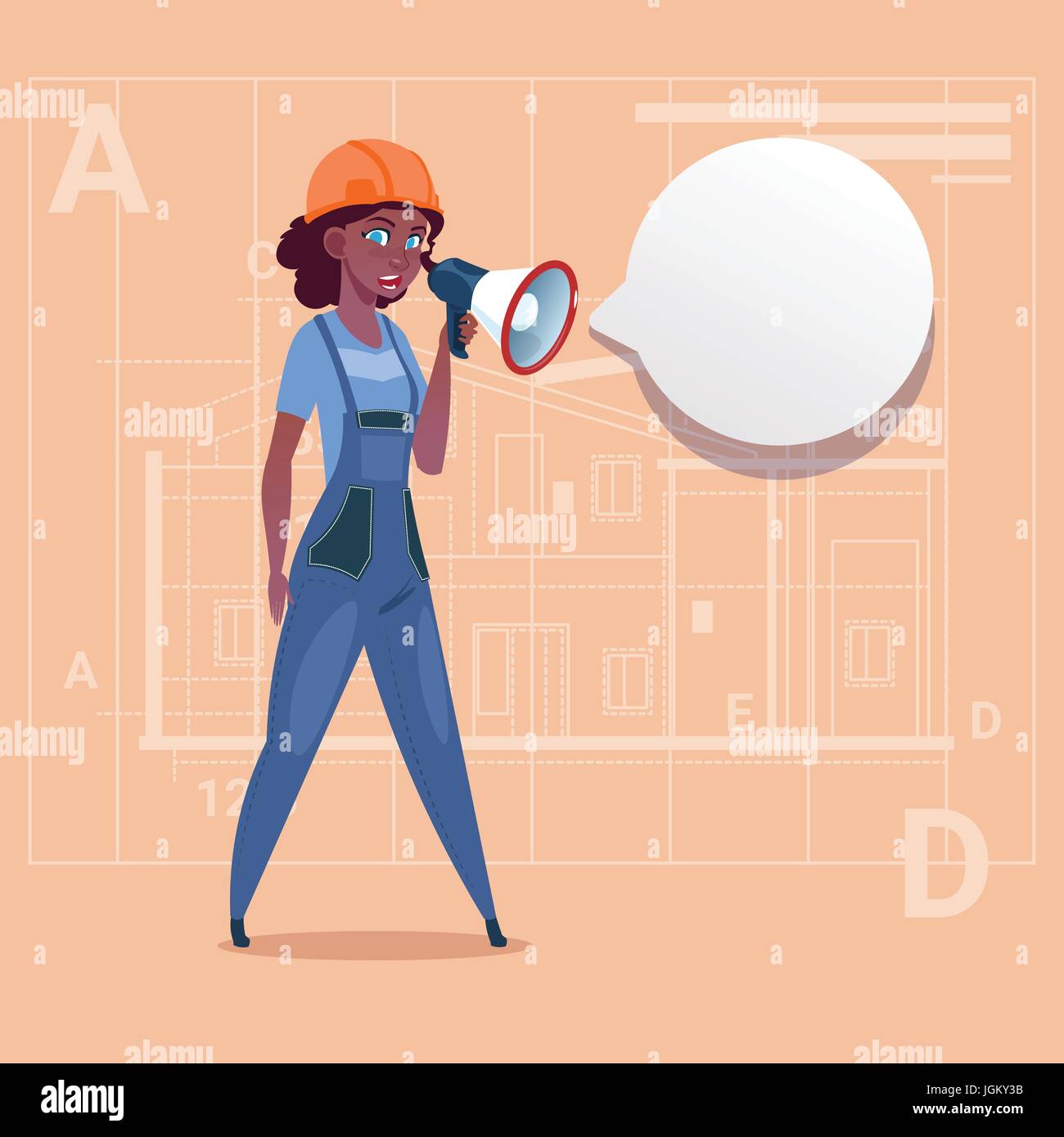 Cartoon Female Builder Holding Megaphone Making Announcement African ...