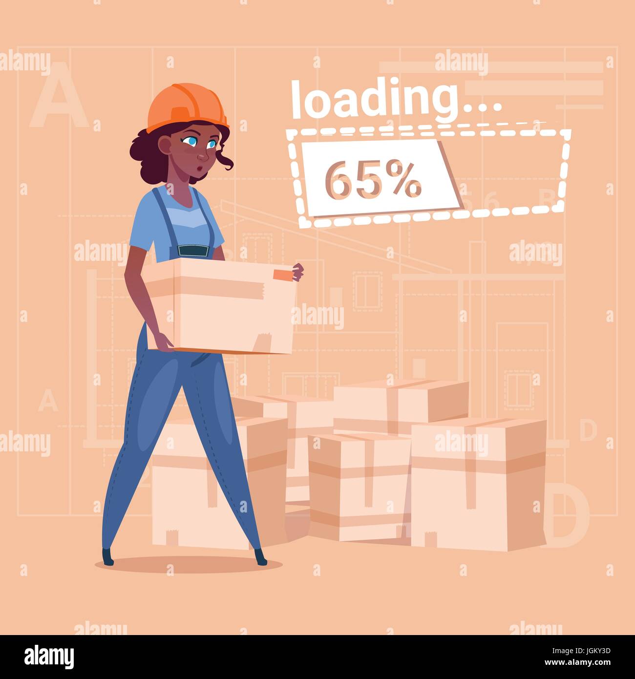 Cartoon Woman Builder Carry Boxes Over Abstract Plan Background Female ...