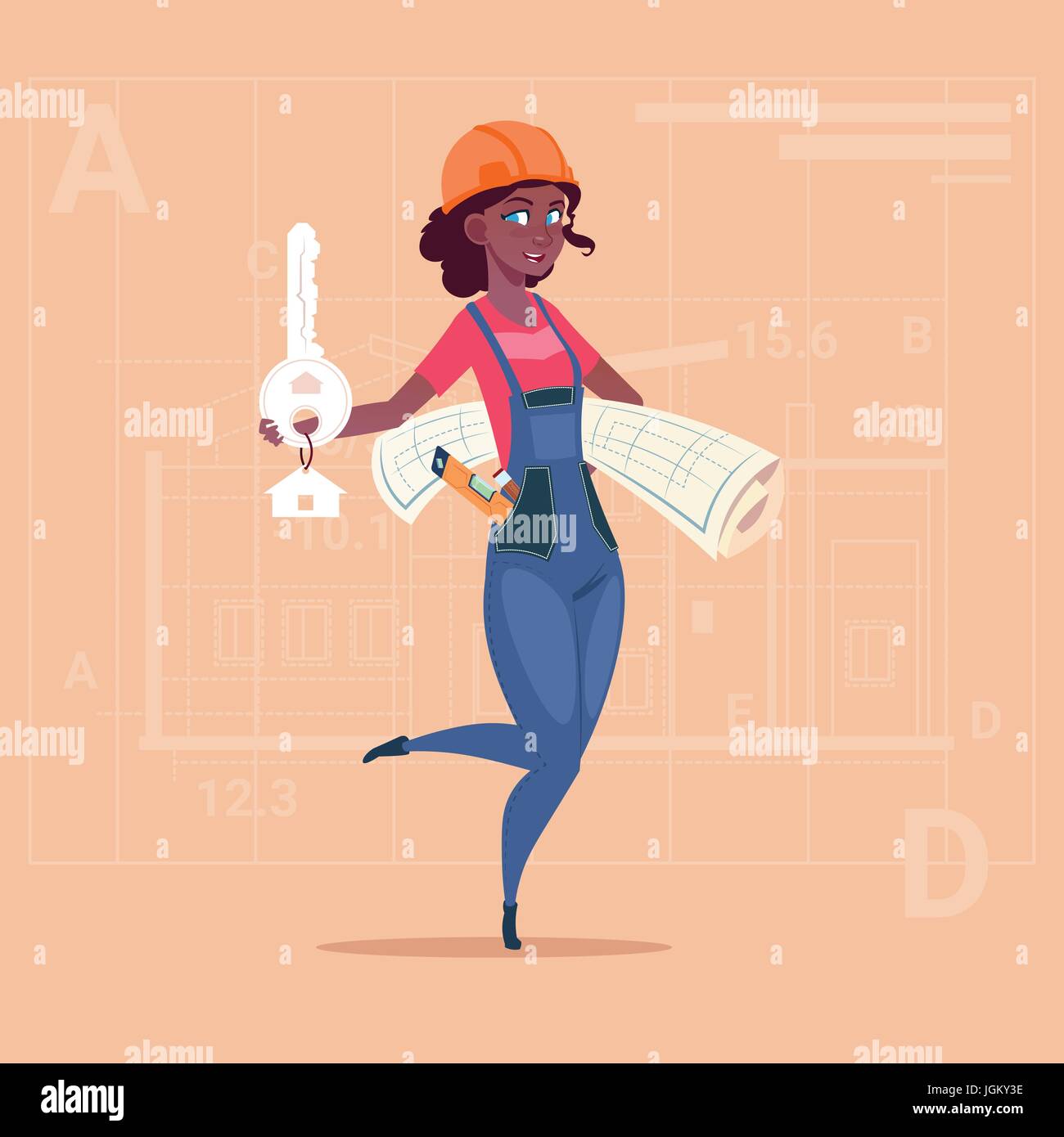 Cartoon Female Builder African American Holding Key From New House And ...