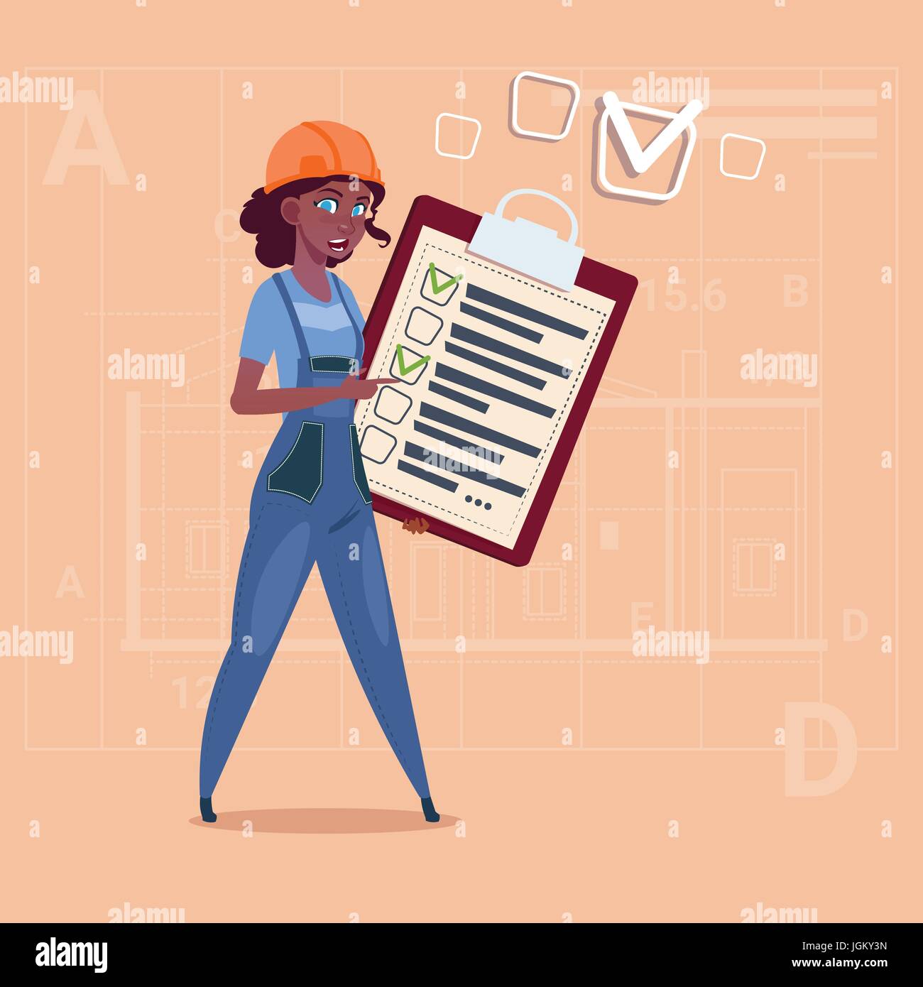 Cartoon Female Builder Carpenter Hold Checklist African American ...
