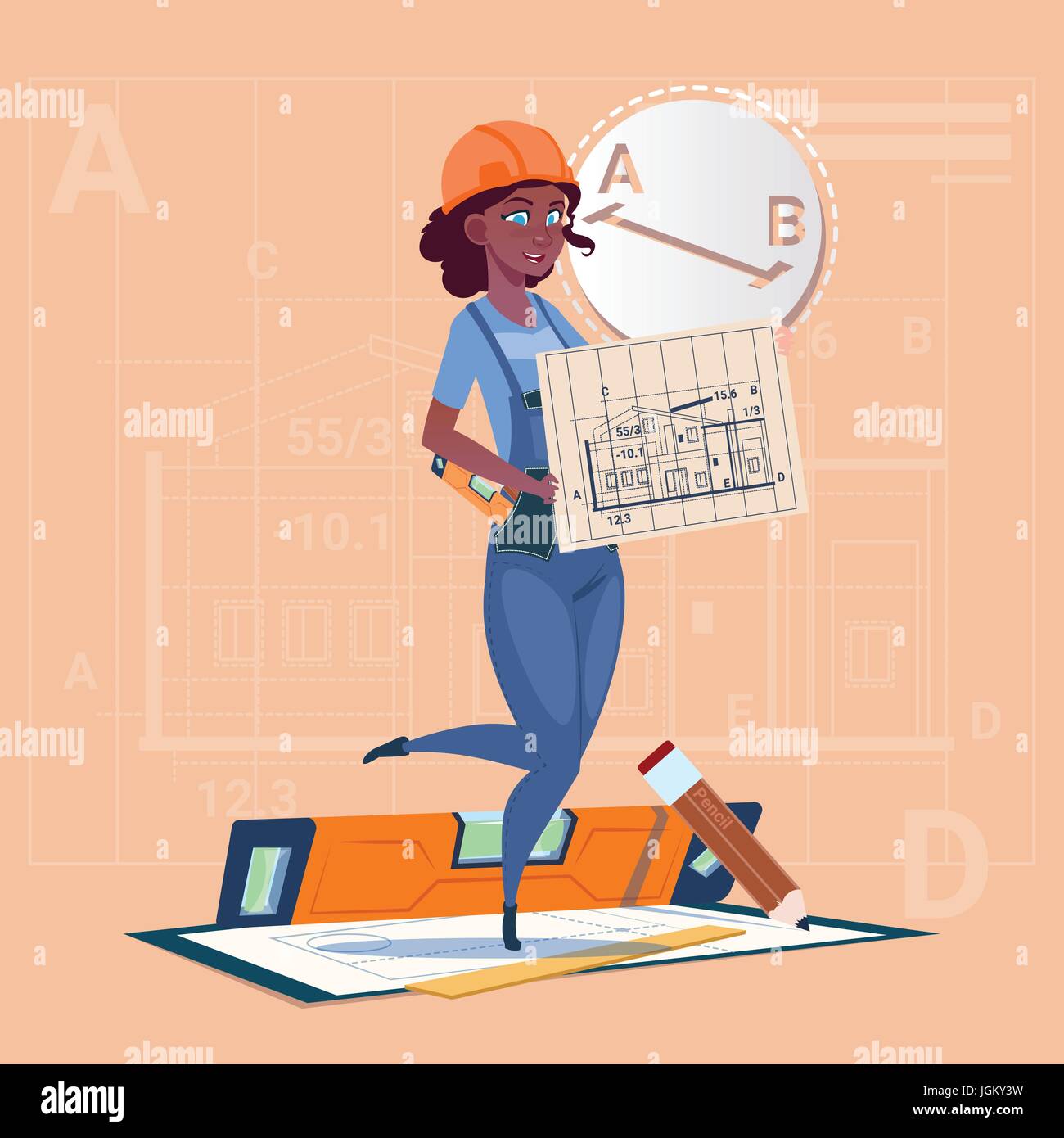 Cartoon Builder Woman Hold Plan Of Building Blueprint Wearing Uniform ...