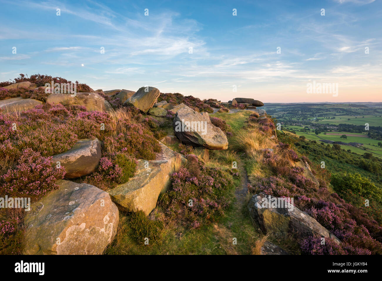 Beautiful summer evening on Baslow edge in the Peak District national ...