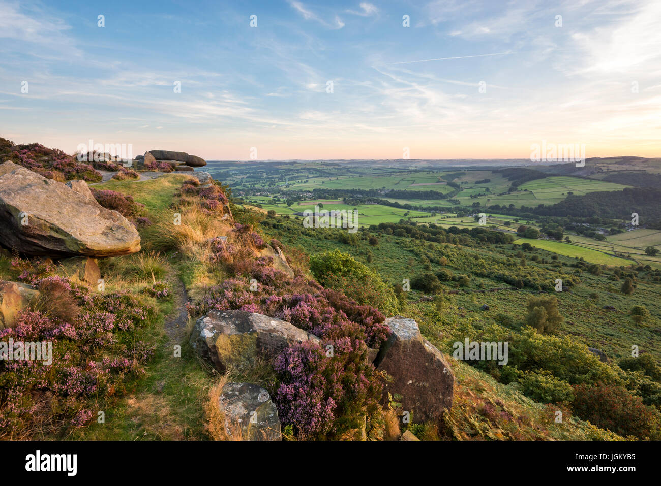 Beautiful summer evening on Baslow edge in the Peak District national ...