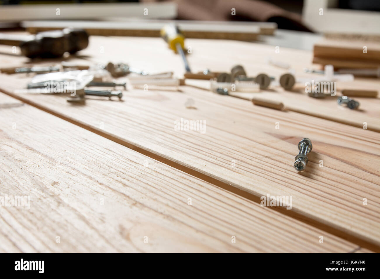 Assorted Woodwork and Carpentry or Construction Tools on pine wood ...