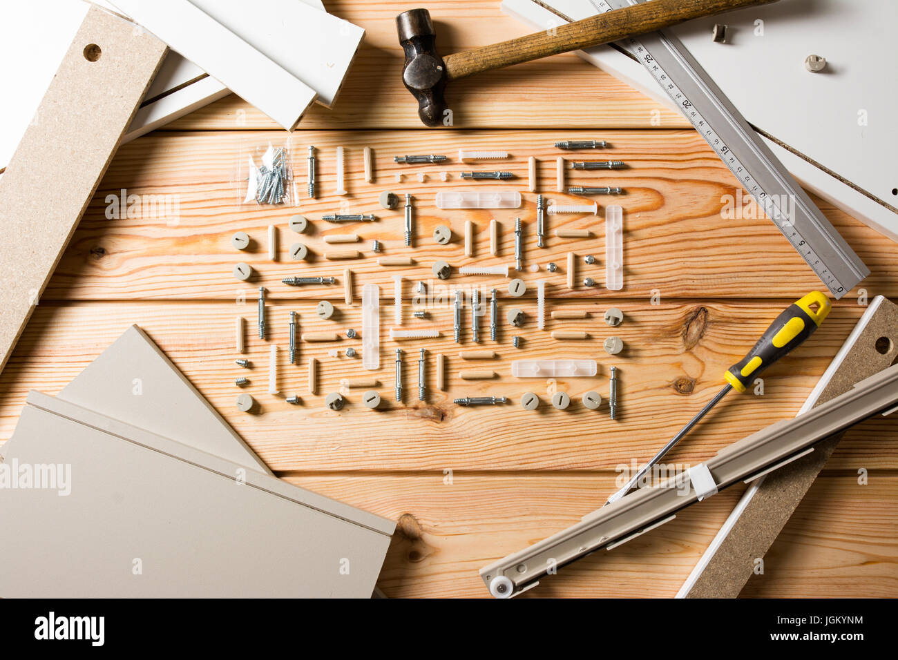 Assorted Woodwork and Carpentry or Construction Tools on pine wood ...