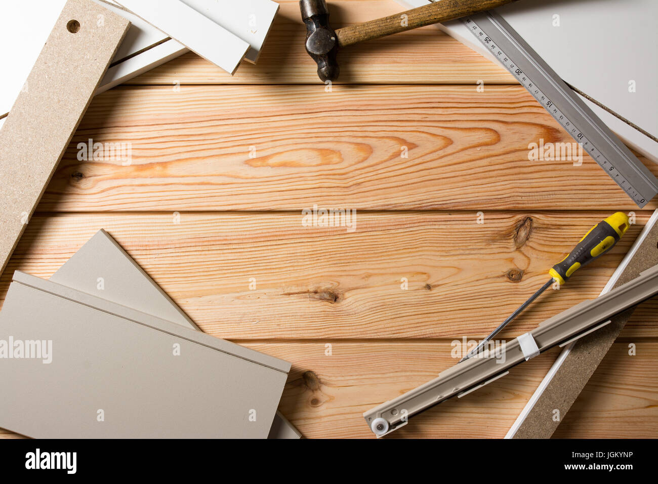 Assorted Woodwork and Carpentry or Construction Tools on pine wood ...