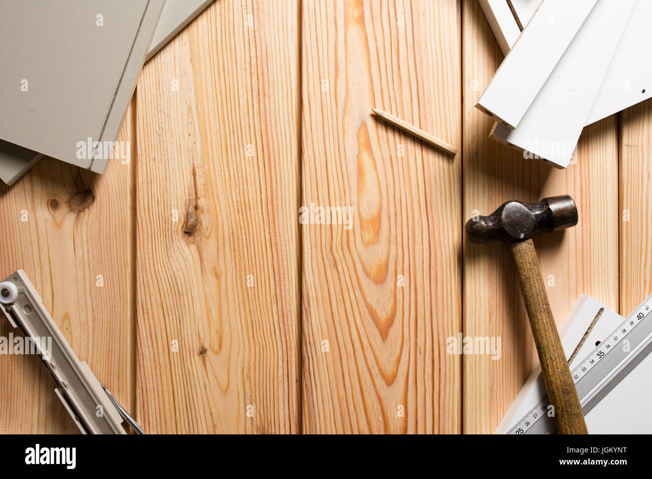 Assorted Woodwork and Carpentry or Construction Tools on pine wood ...