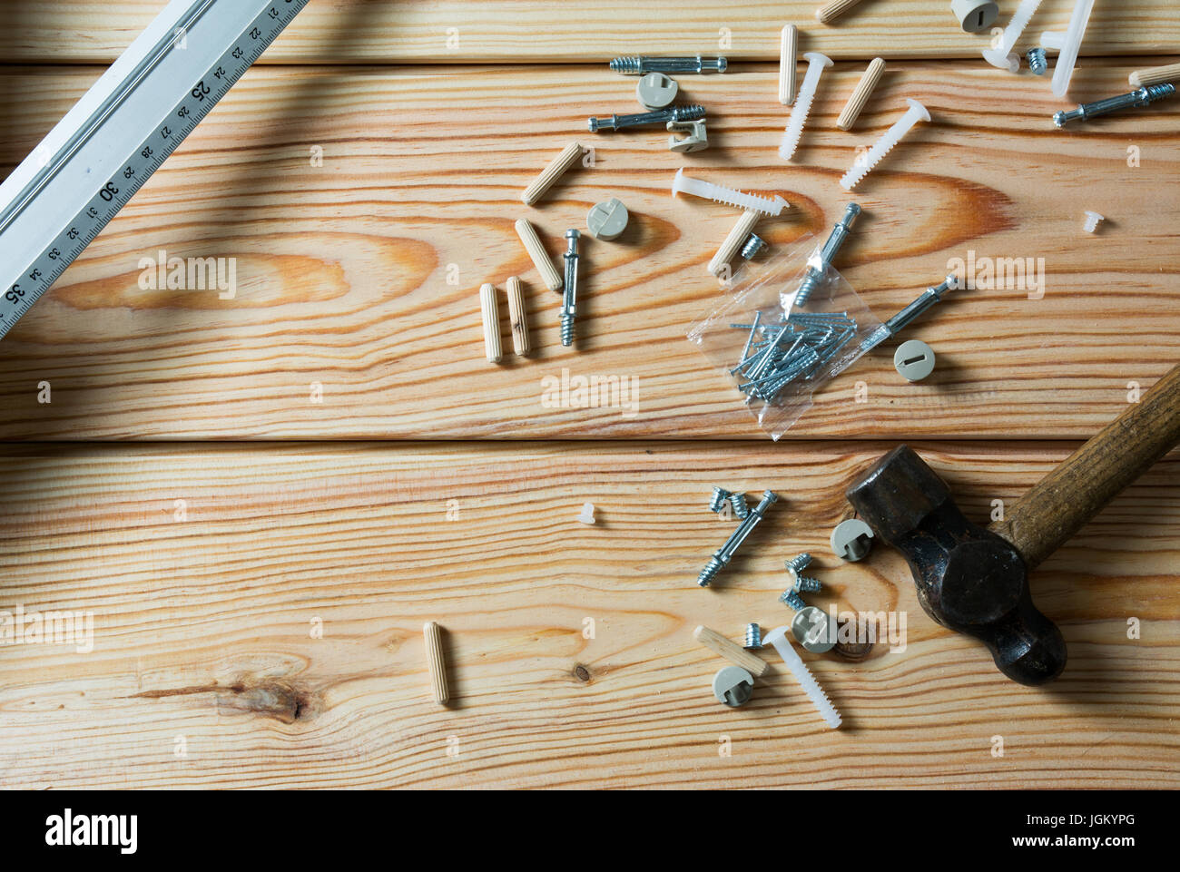 Assorted Woodwork and Carpentry or Construction Tools on pine wood ...