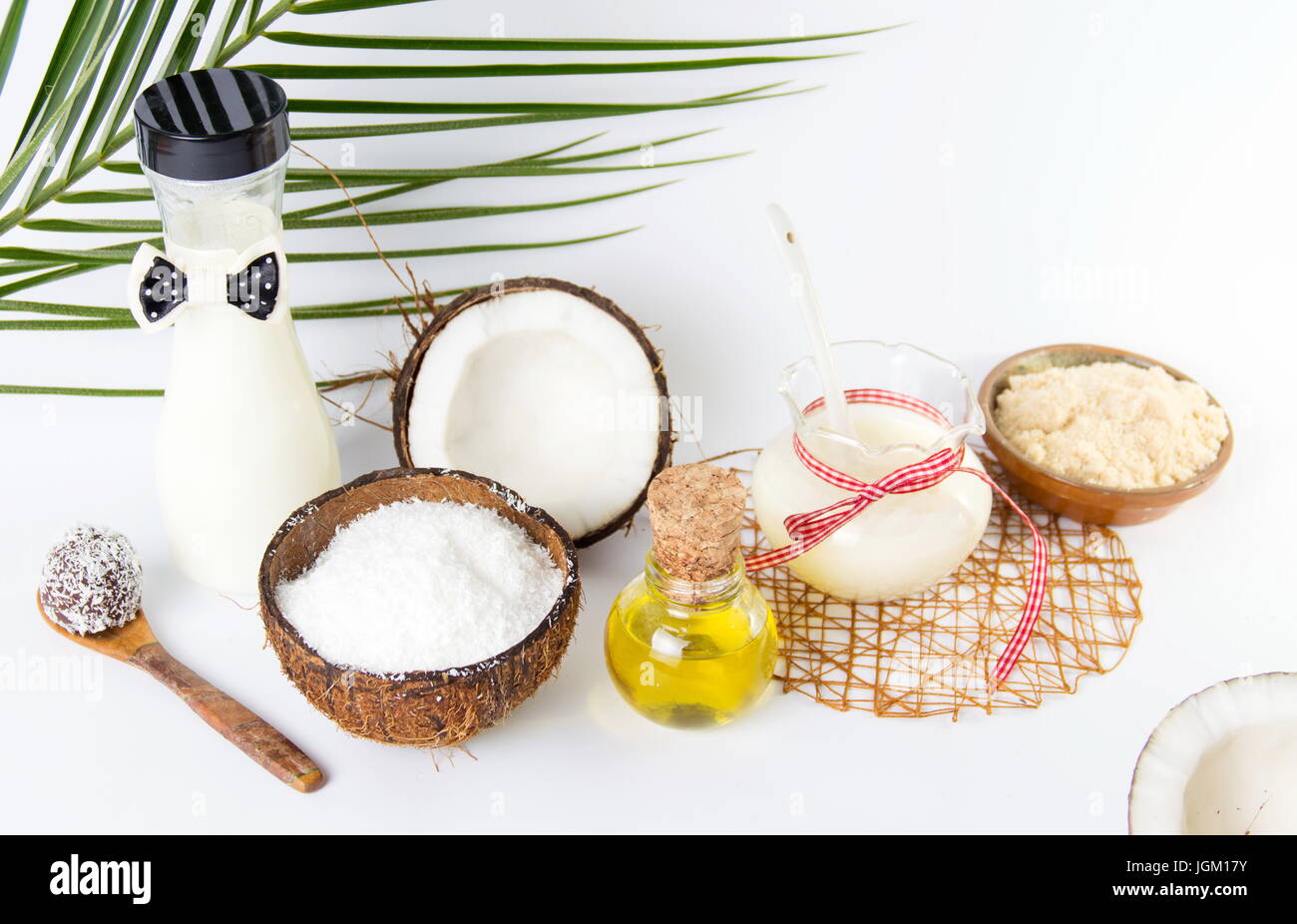 Various coconut products collection against white background Stock ...