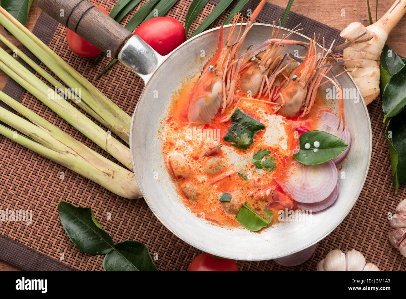 Tom Yum soup or tom yum goong, a Thai traditional spicy prawn soup (food),adjustment size for ...