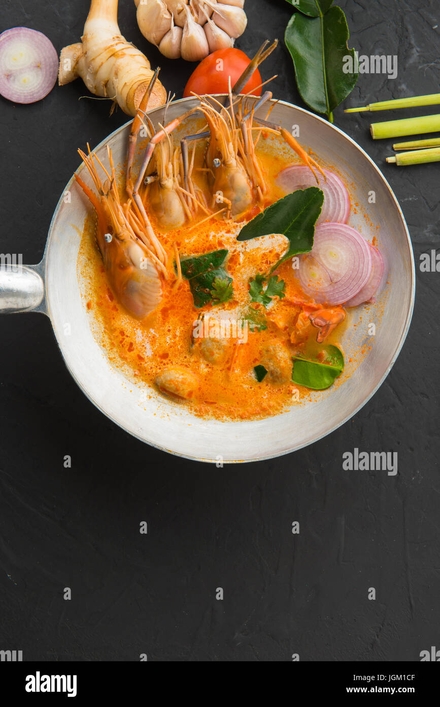 Tom Yum soup or tom yum goong, a Thai traditional spicy prawn soup (food),adjustment size for ...