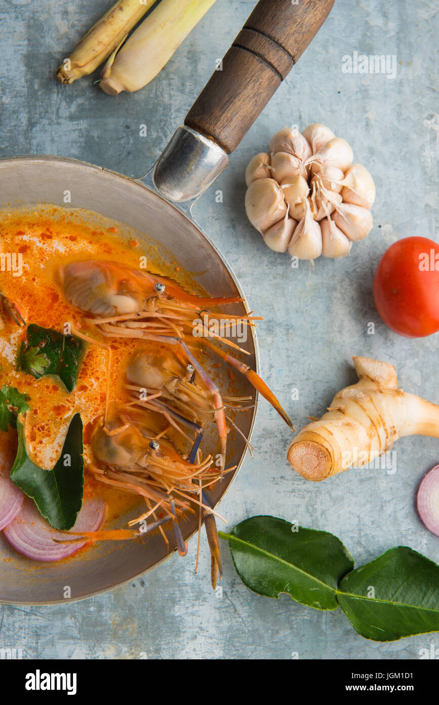 Tom Yum soup or tom yum goong, a Thai traditional spicy prawn soup (food),adjustment size for ...