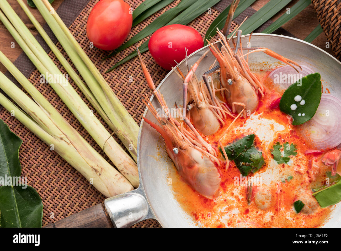 Tom Yum soup or tom yum goong, a Thai traditional spicy prawn soup (food),adjustment size for ...