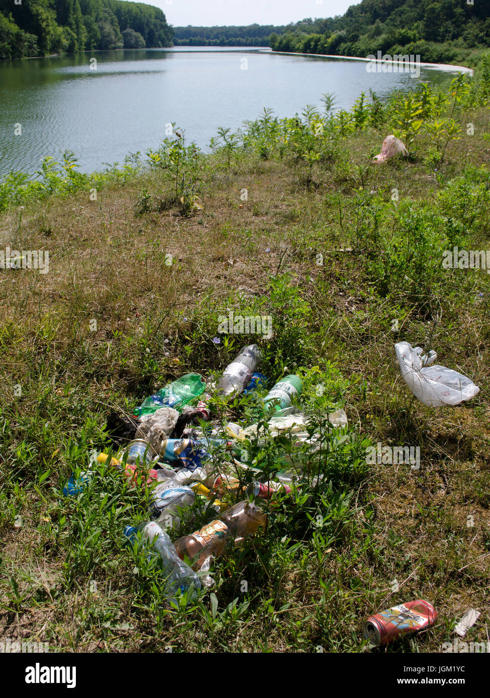 Litter on the banks of the Bosut near Morovic, Srem, Vojvodina, Serbia ...