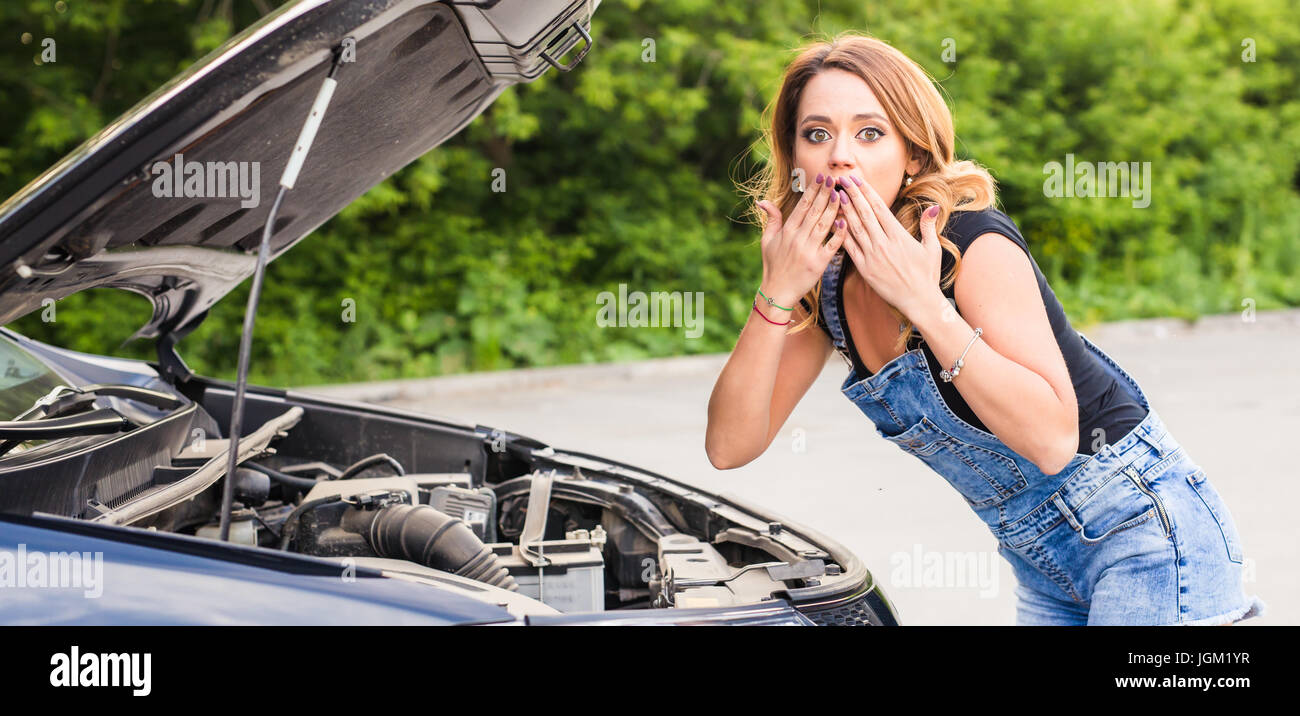 Broken car, accident, feeling confusion and people concept. Portrait of ...