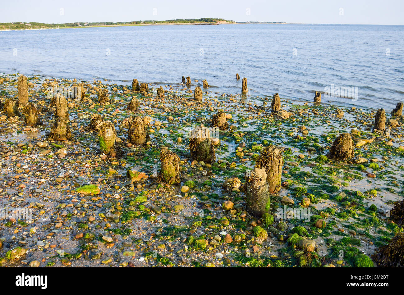 Wellfleet beach during sunset with old pier and ocean in Cape Cod Stock ...