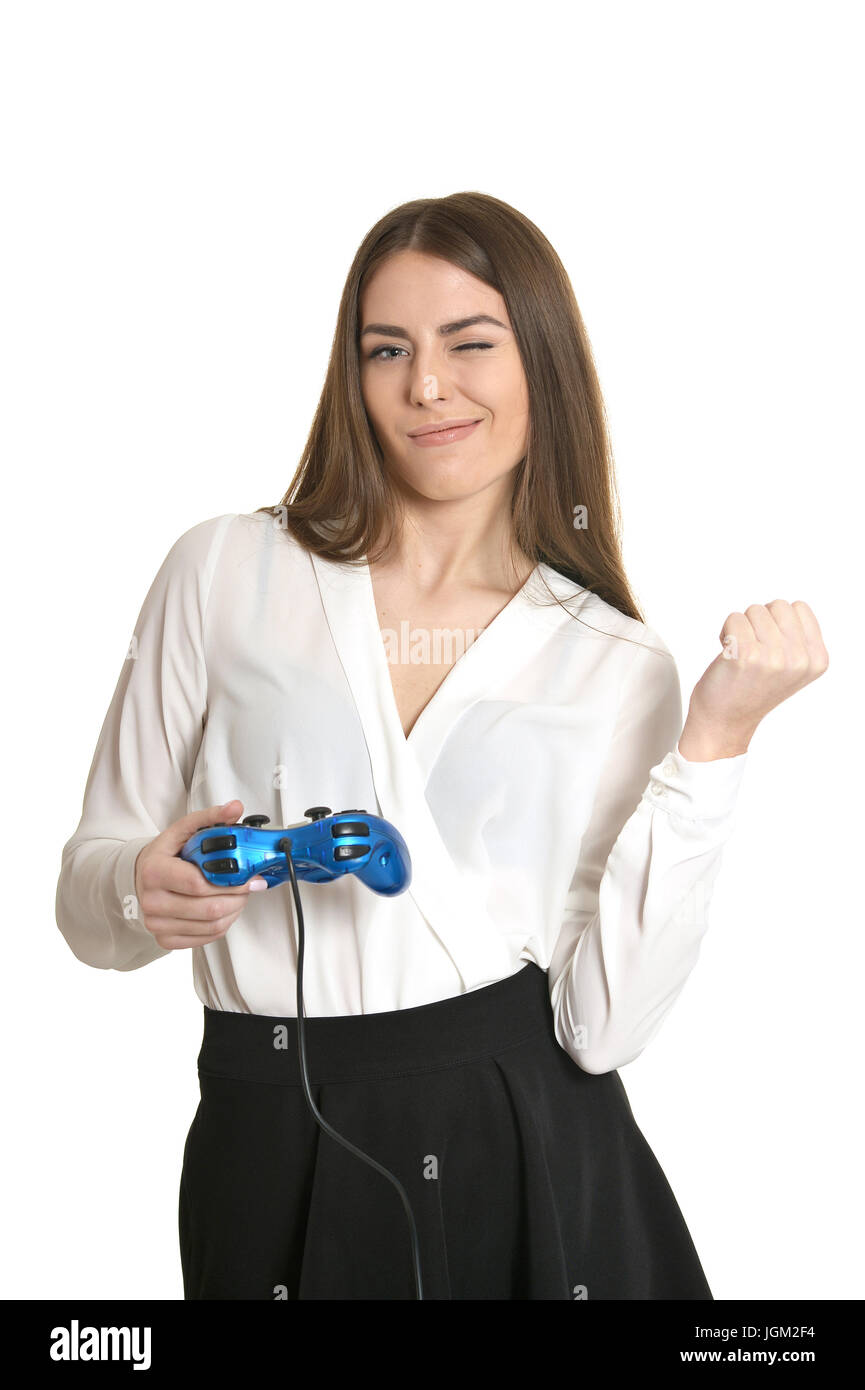 beautiful young woman with joystick Stock Photo - Alamy