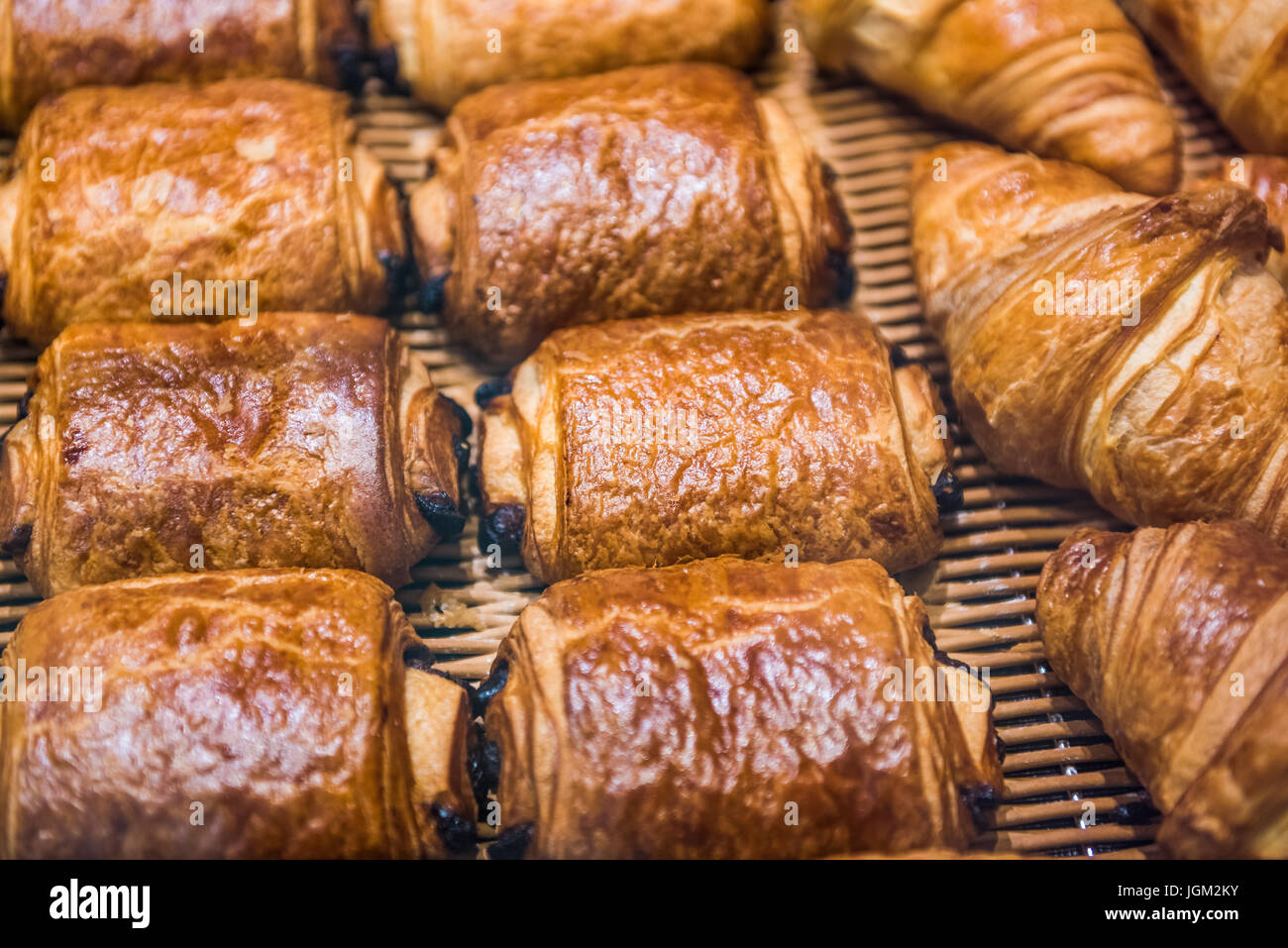 Macro closeup of chocolate croissants on display in bakery with plain ...