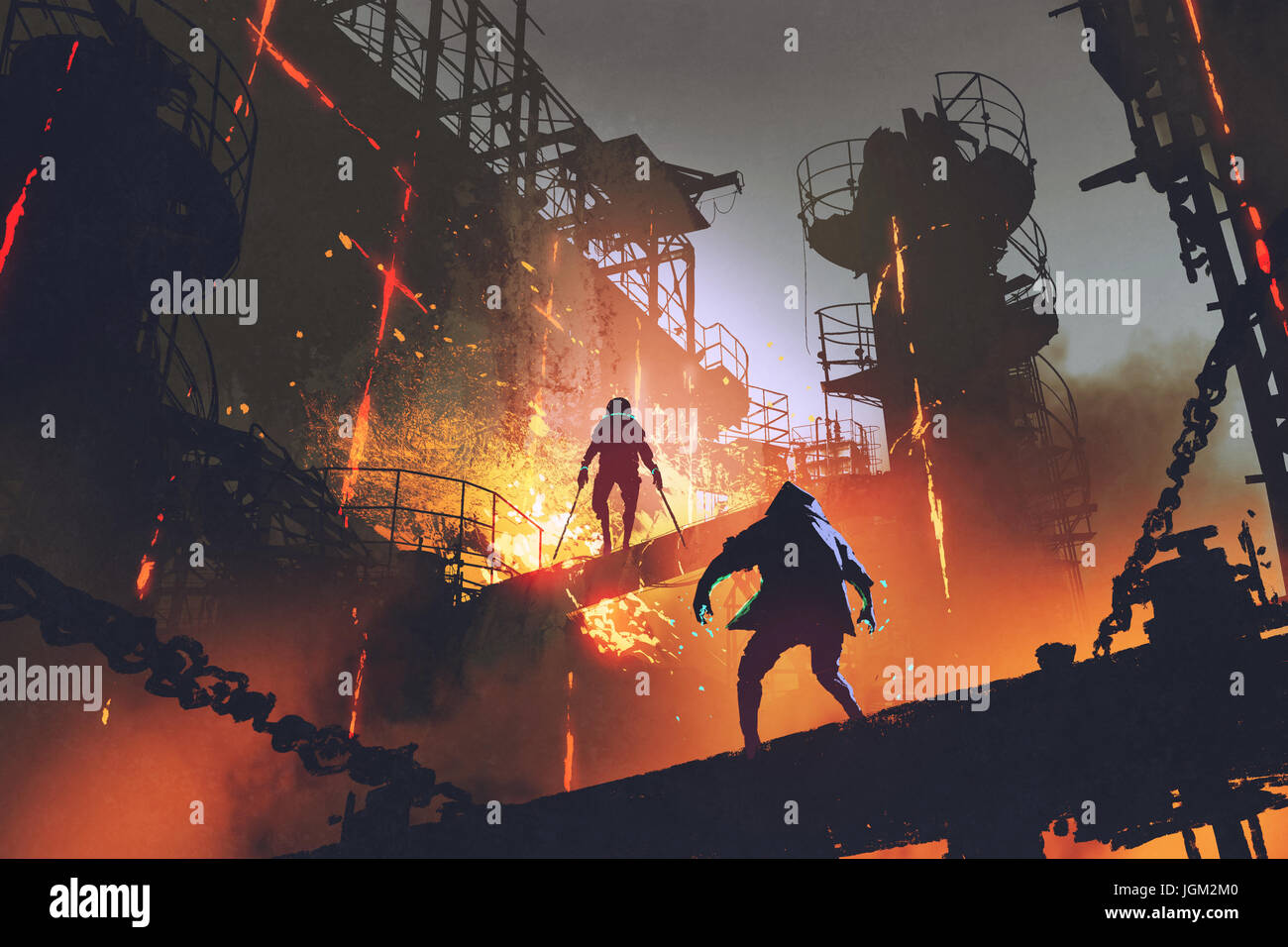 sci-fi scene showing fight of two futuristic warriors in industrial ...