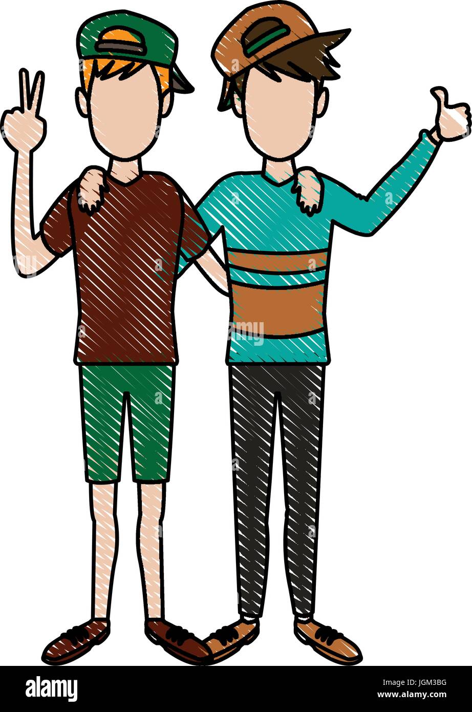 two boys smiling hugging and waving their hands best friends Stock ...