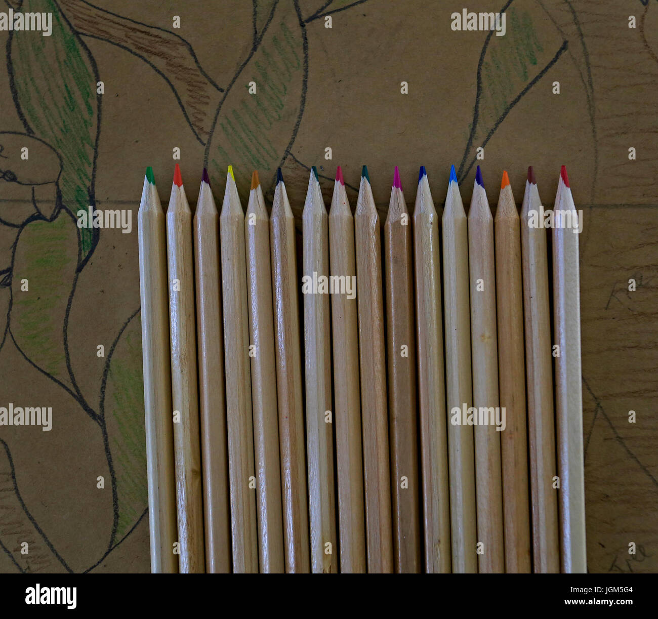 Wooden shaft coloring pencils resting on a partially completed pattern ...