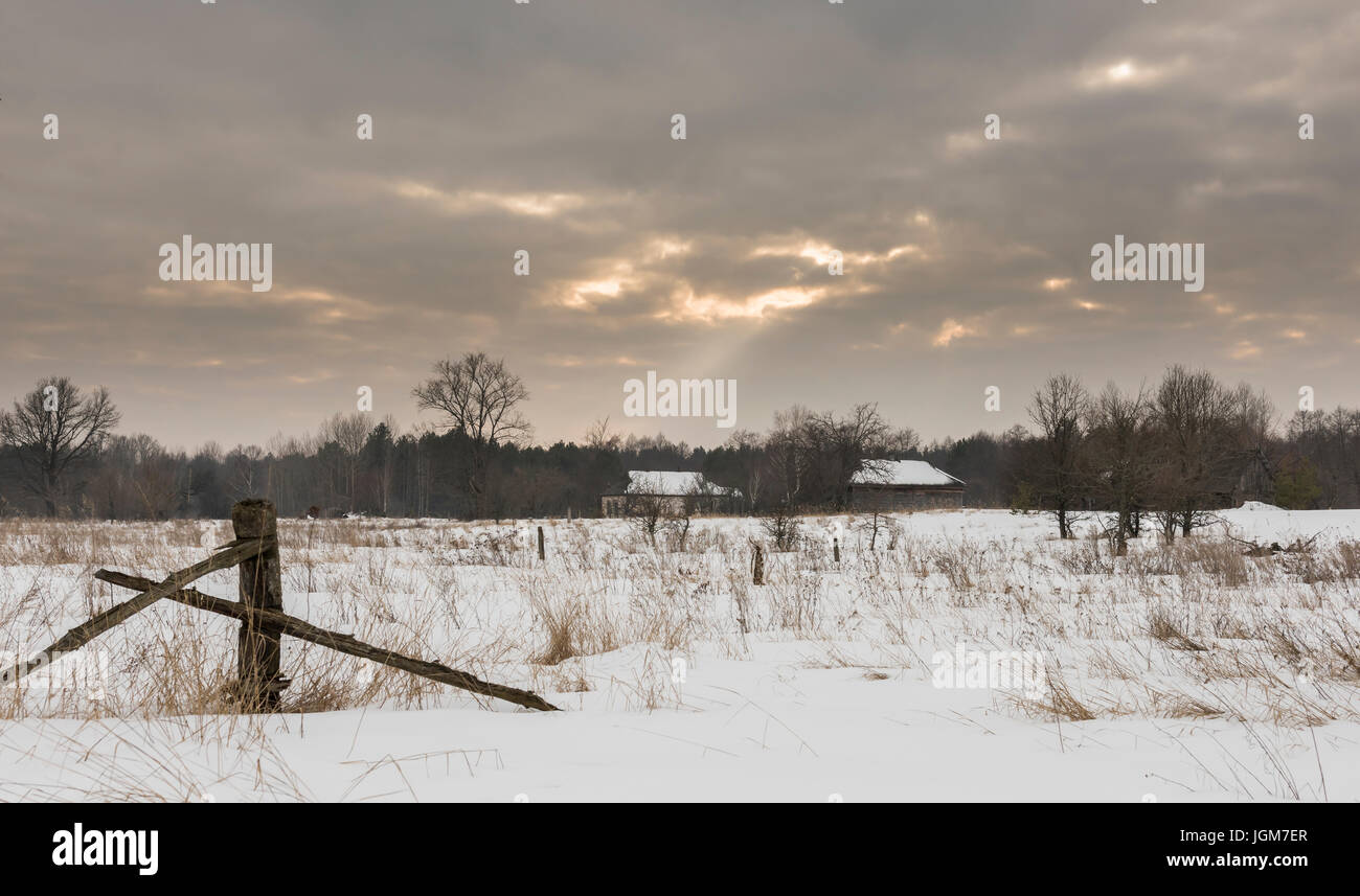 Radioactive winter landscape near Chernobyl with abandoned farms and ...