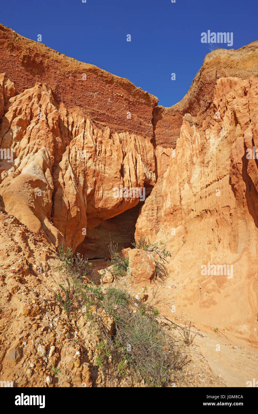 Algarve, Europe, rock, sienna-coloured, Portugal, Praia falesia, steilk ...