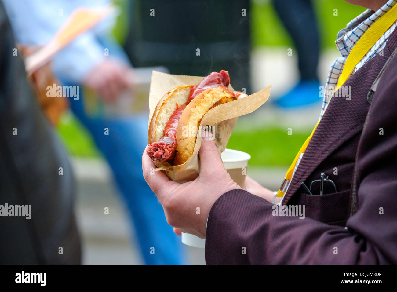 Man holding hot dog in the hand Stock Photo - Alamy