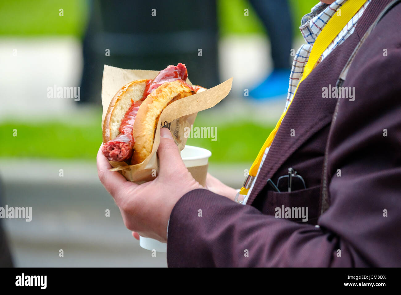Man holding hot dog in the hand Stock Photo - Alamy