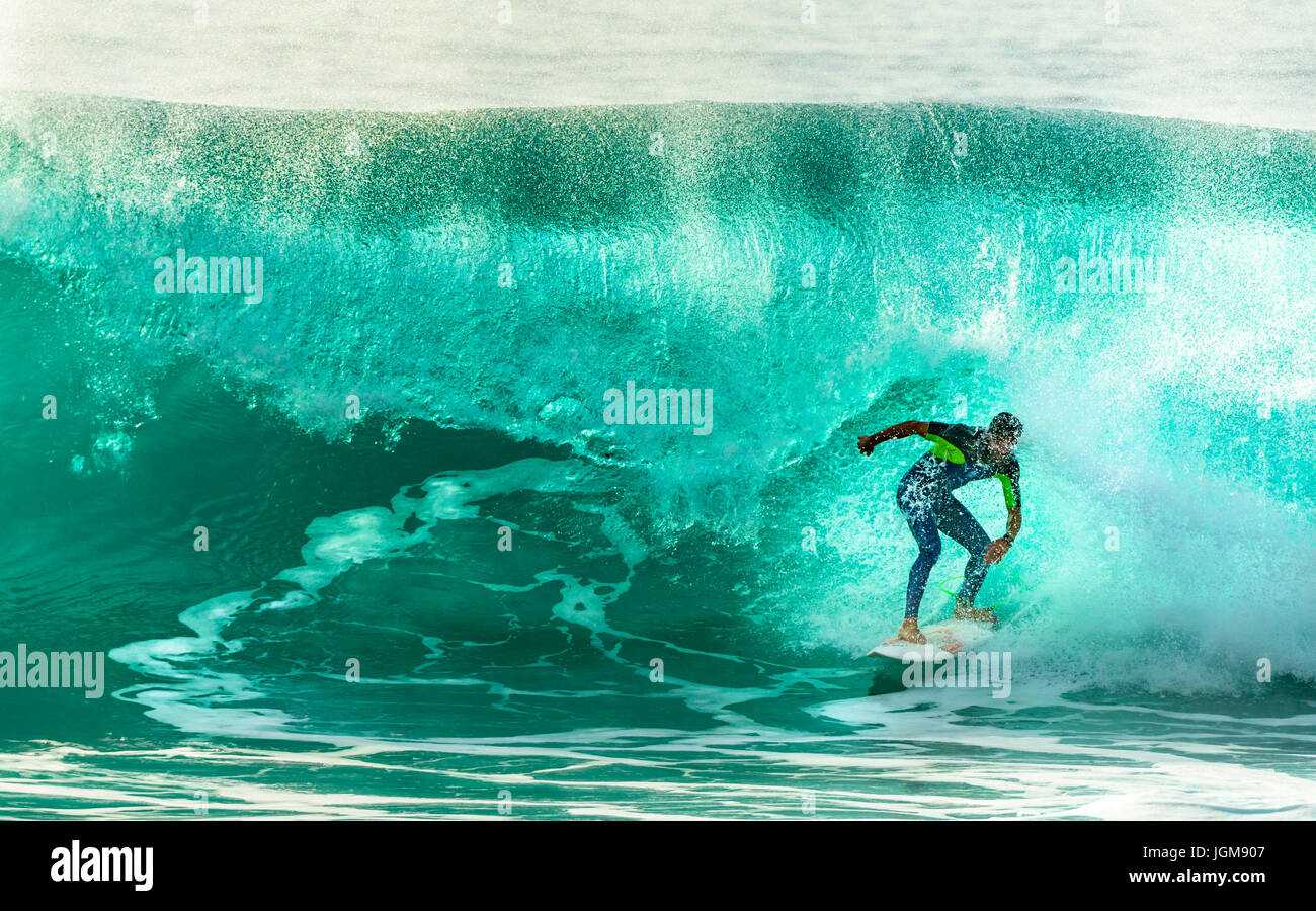 Surfer with large wave, Porto Moniz, Madeira, Portugal Stock Photo - Alamy