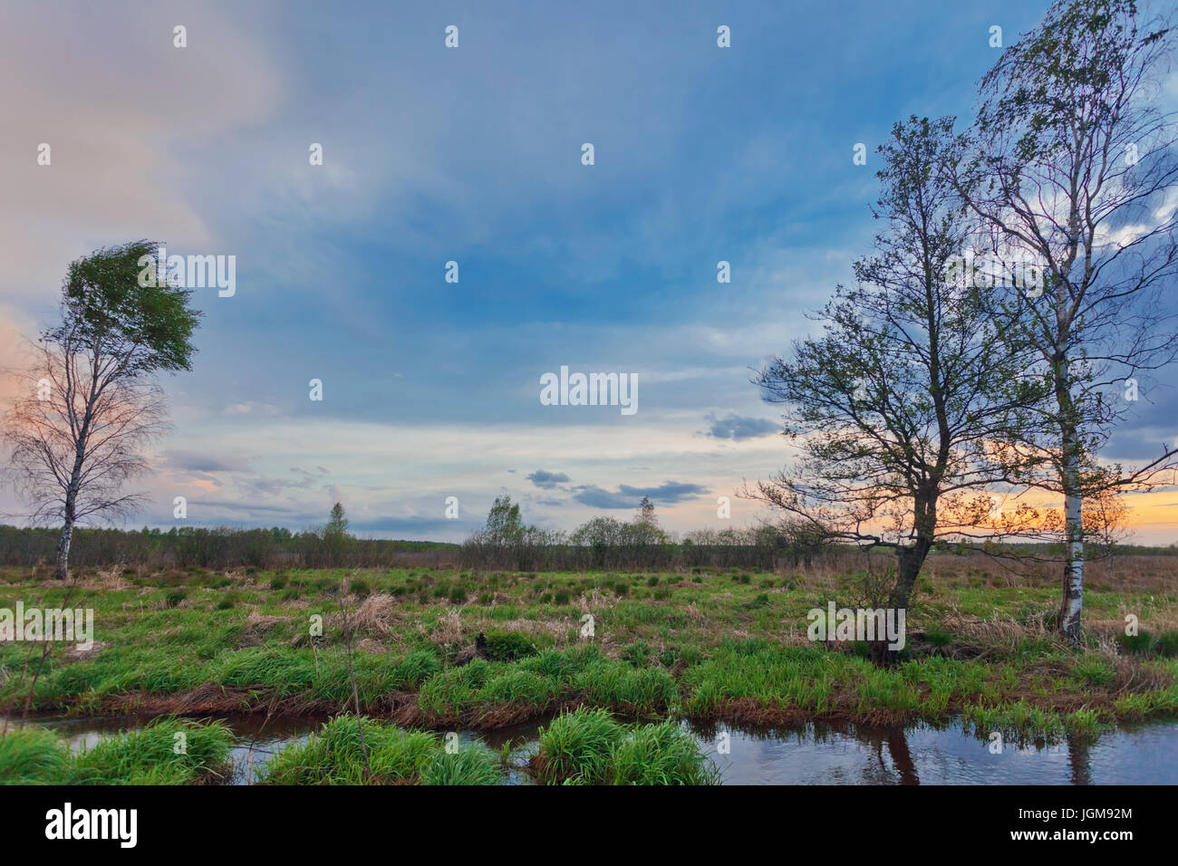 Early spring landscape with the river in sunset time Stock Photo - Alamy