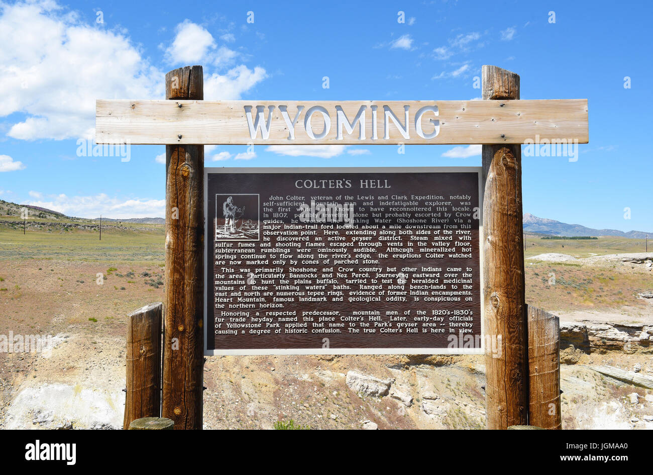 CODY, WYOMING - JUNE 24, 2017: Colters Hell sign. The area of thermal ...