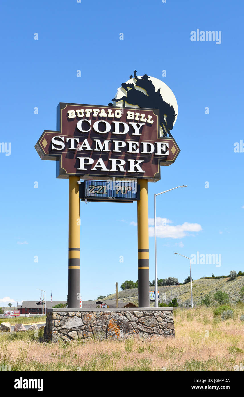 CODY, WYOMING - JUNE 24, 2017: Cody Stampede Park sign. Cody is the ...