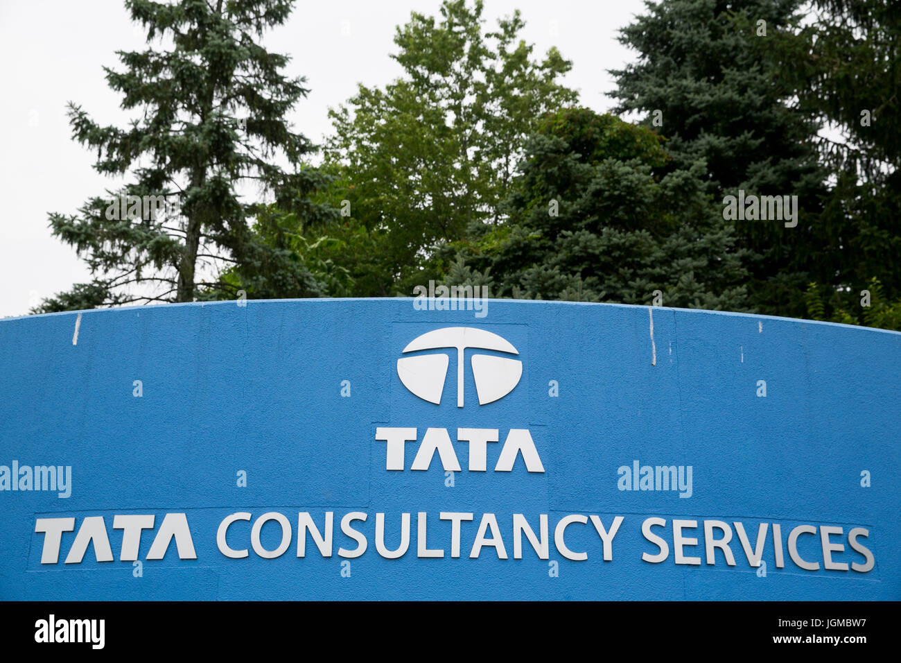 A logo sign outside of facility occupied by Tata Consultancy Services in Milford, Ohio on June ...