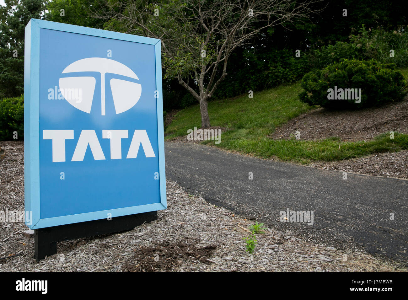 A logo sign outside of facility occupied by Tata Consultancy Services in Milford, Ohio on June ...