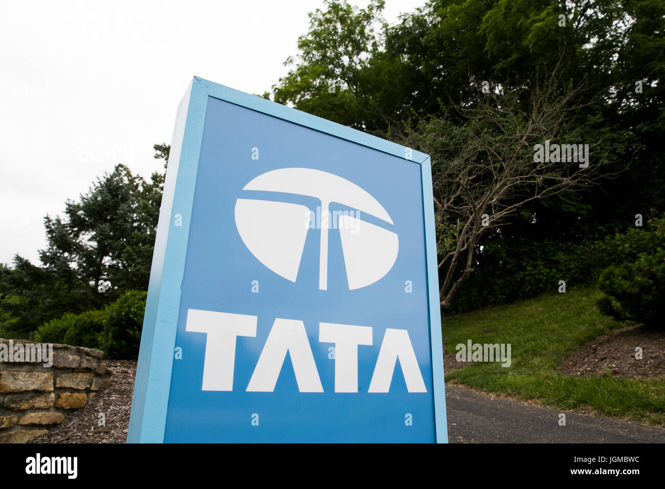 A logo sign outside of facility occupied by Tata Consultancy Services in Milford, Ohio on June ...