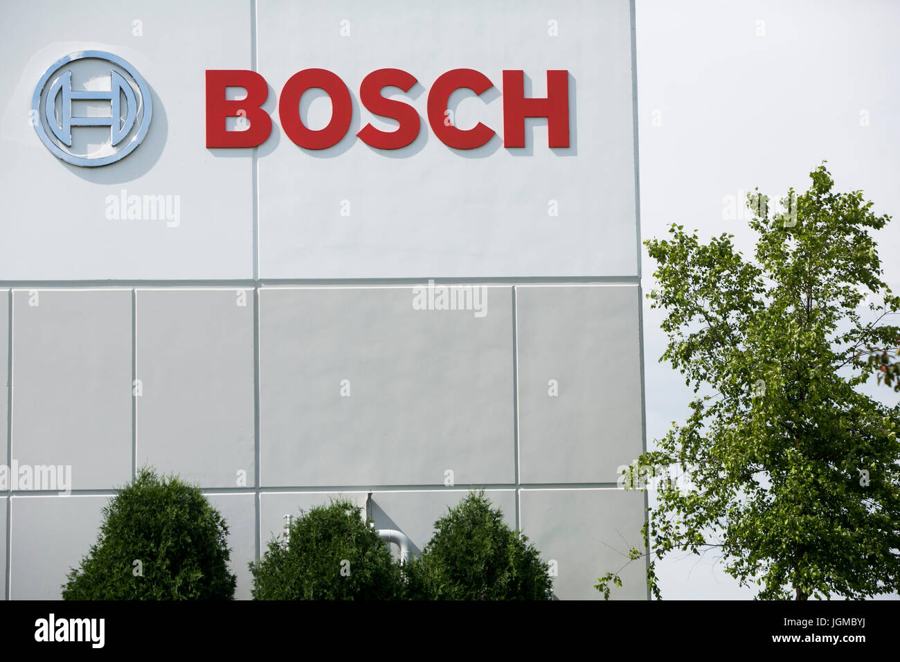 A logo sign outside of a facility occupied by Robert Bosch Battery ...
