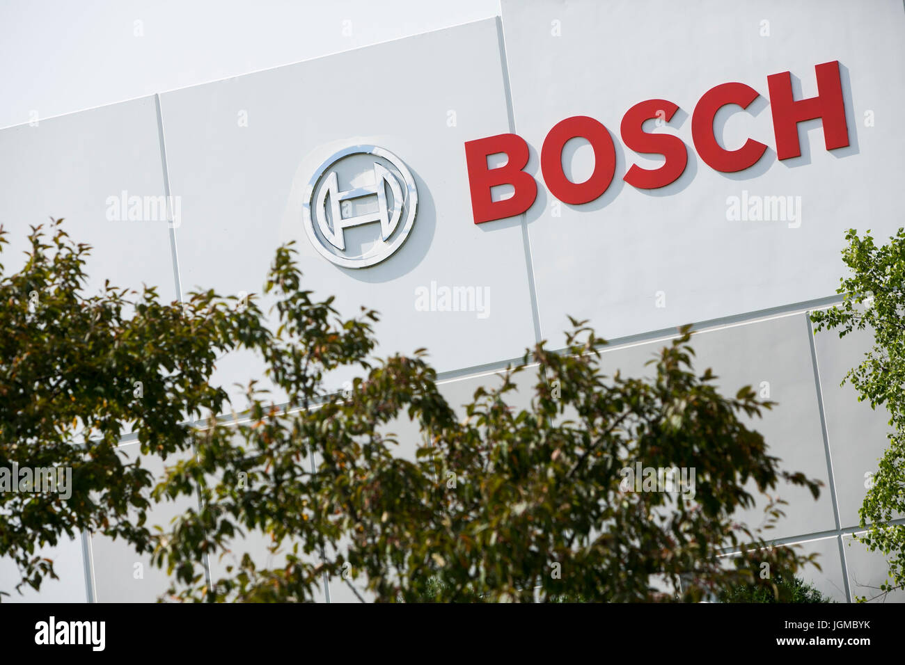 A logo sign outside of a facility occupied by Robert Bosch Battery ...
