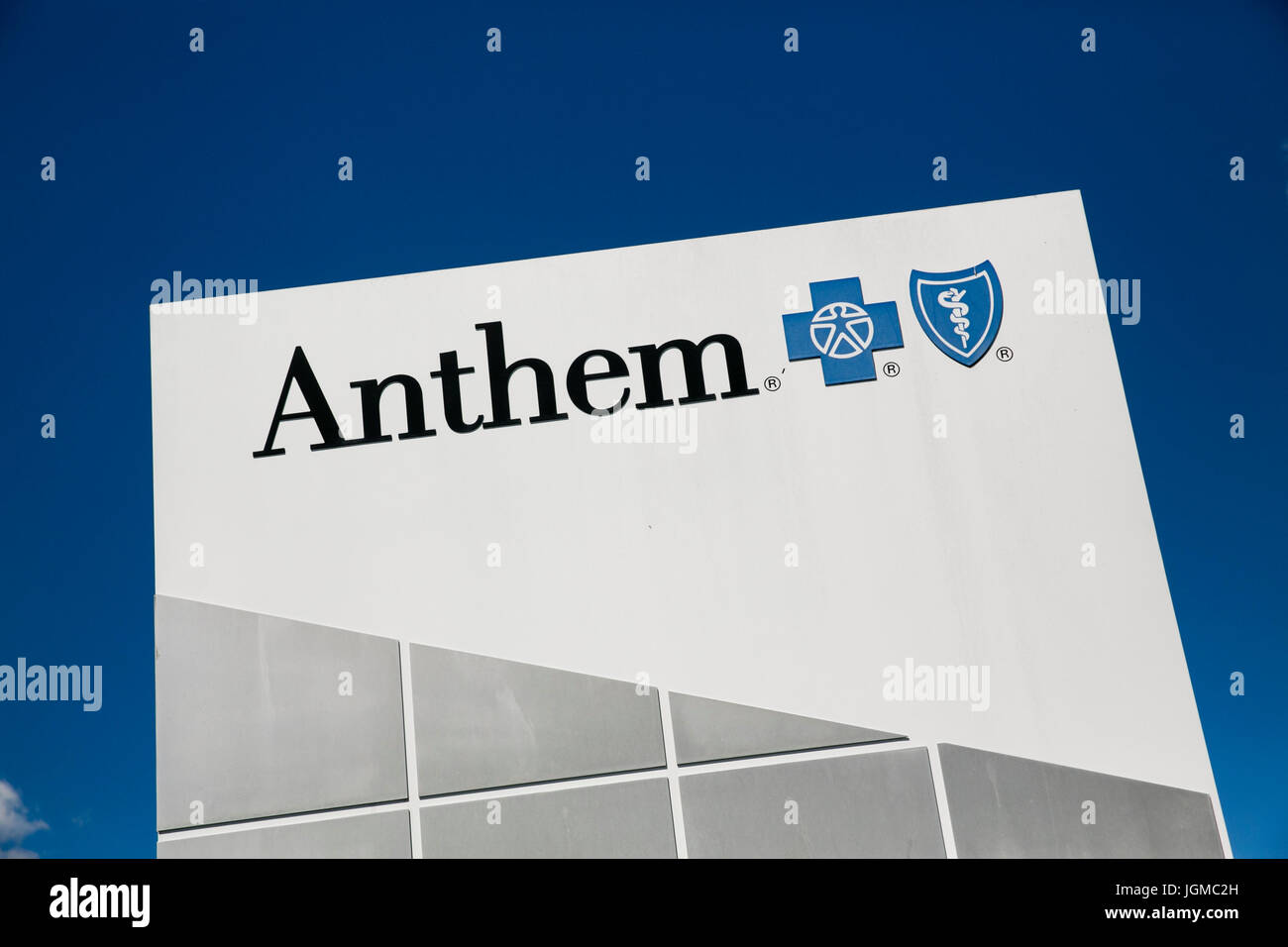 A logo sign outside of a facility occupied by the health insurer Anthem ...