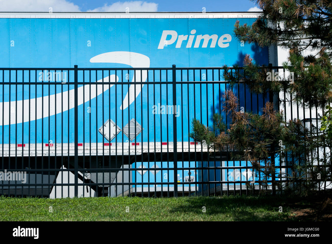 An Amazon Prime logo seen on semi truck trailers outside of a Amazon ...