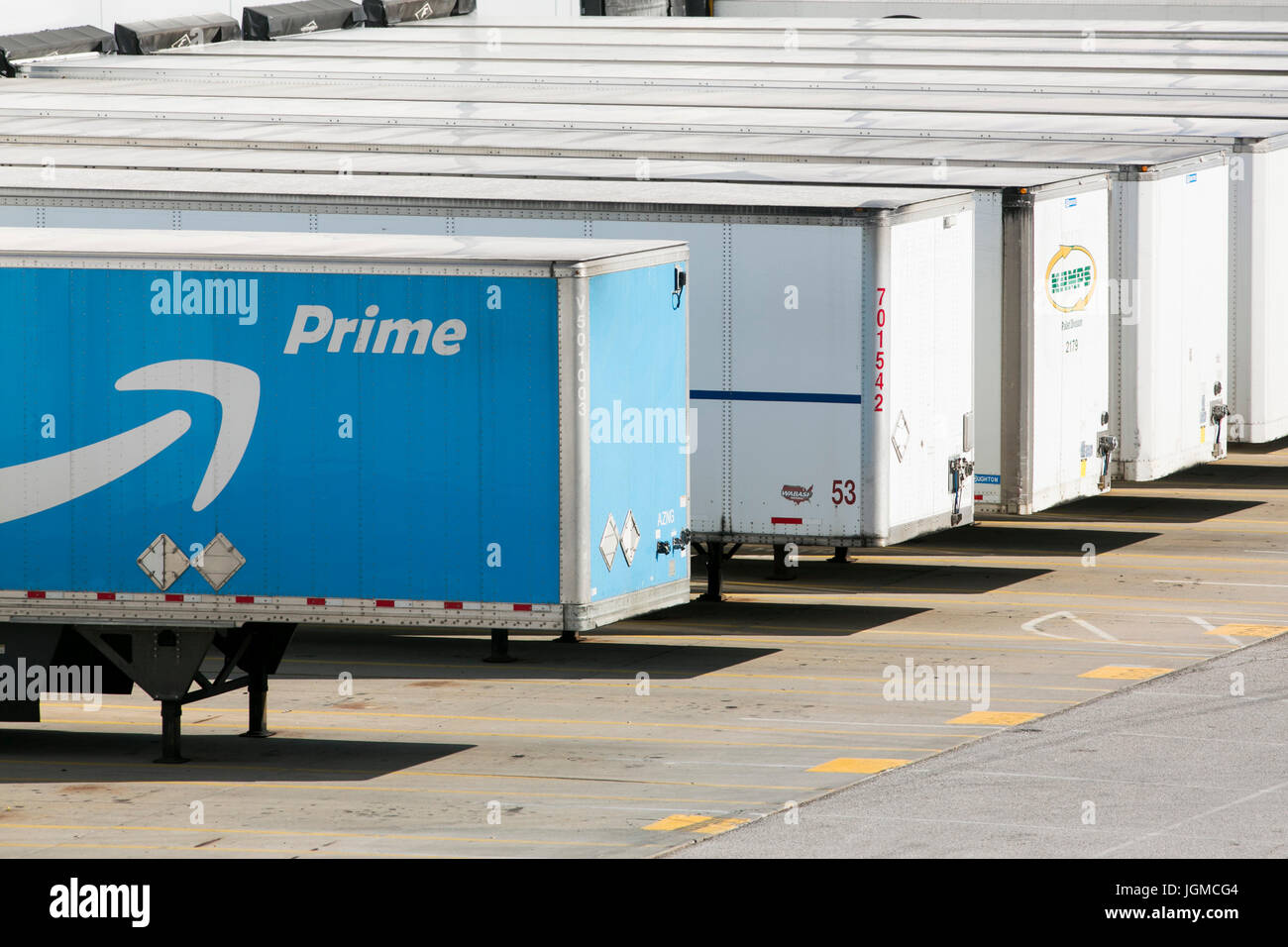 An Amazon Prime logo seen on semi truck trailers outside of a Amazon ...