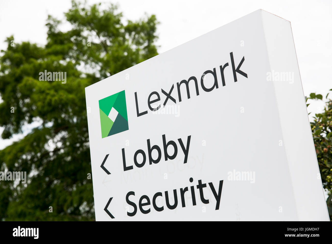A logo sign outside of the headquarters of Lexmark International, Inc ...