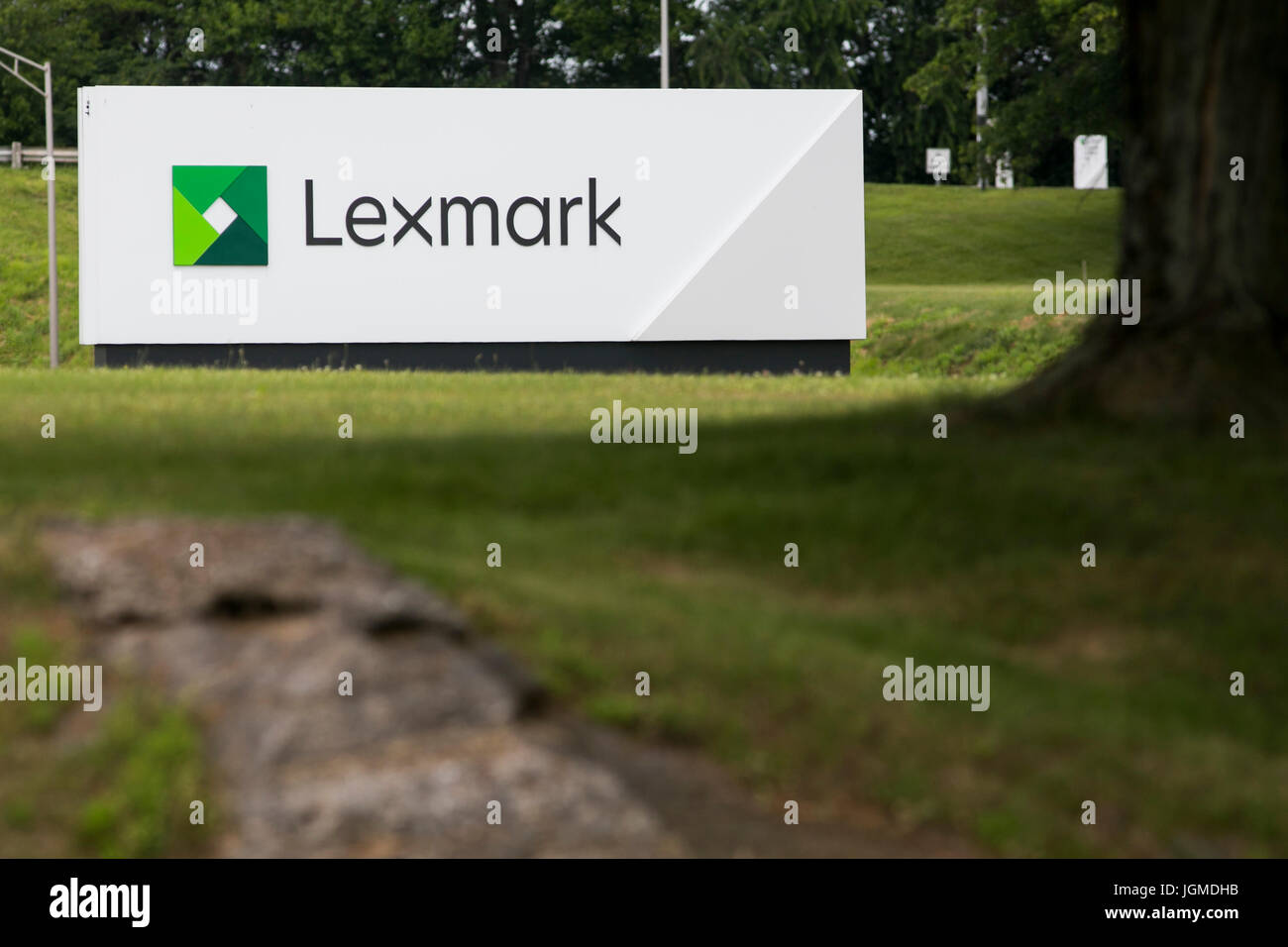 A logo sign outside of the headquarters of Lexmark International, Inc ...