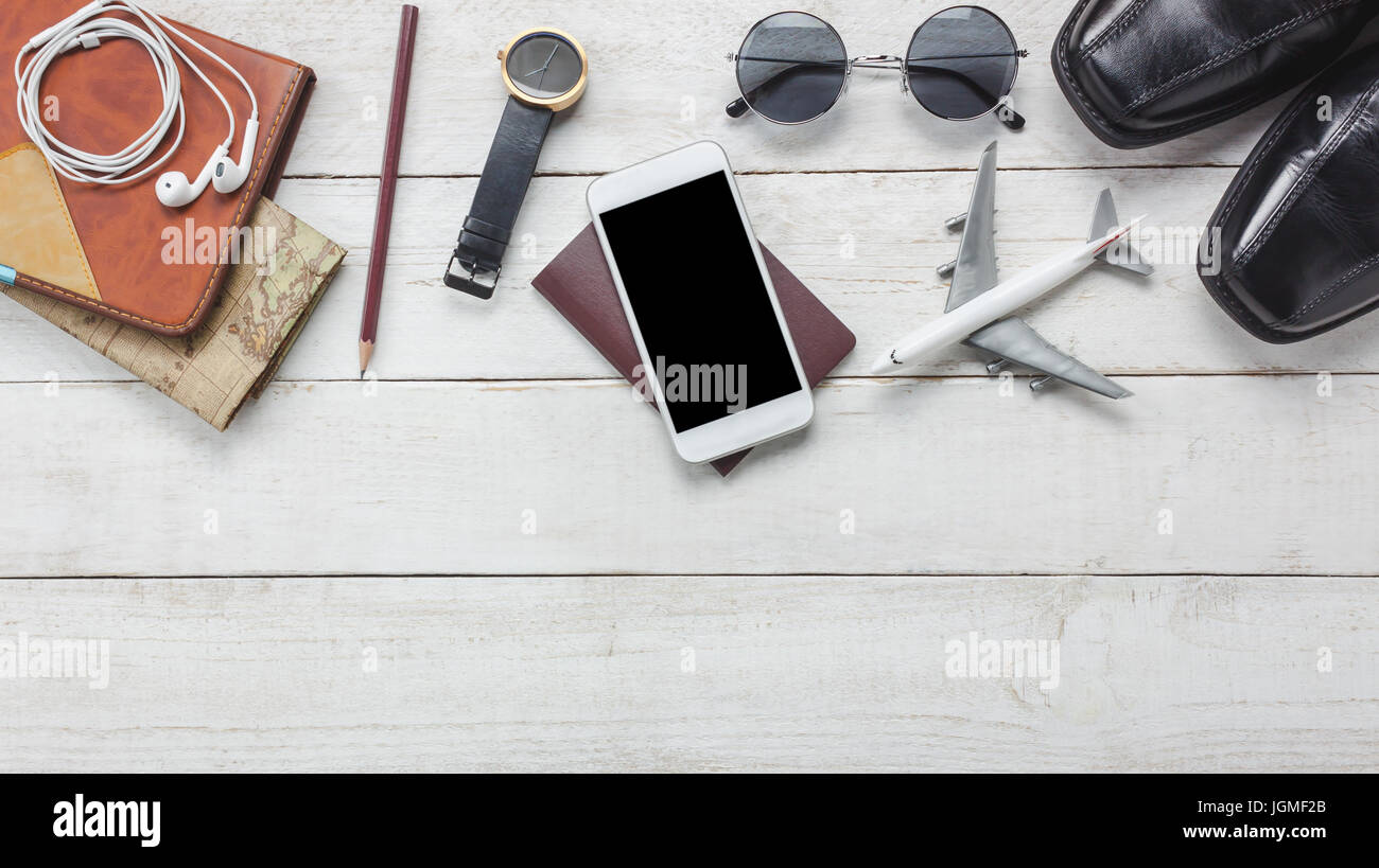 Top view items to travel Stock Photo - Alamy