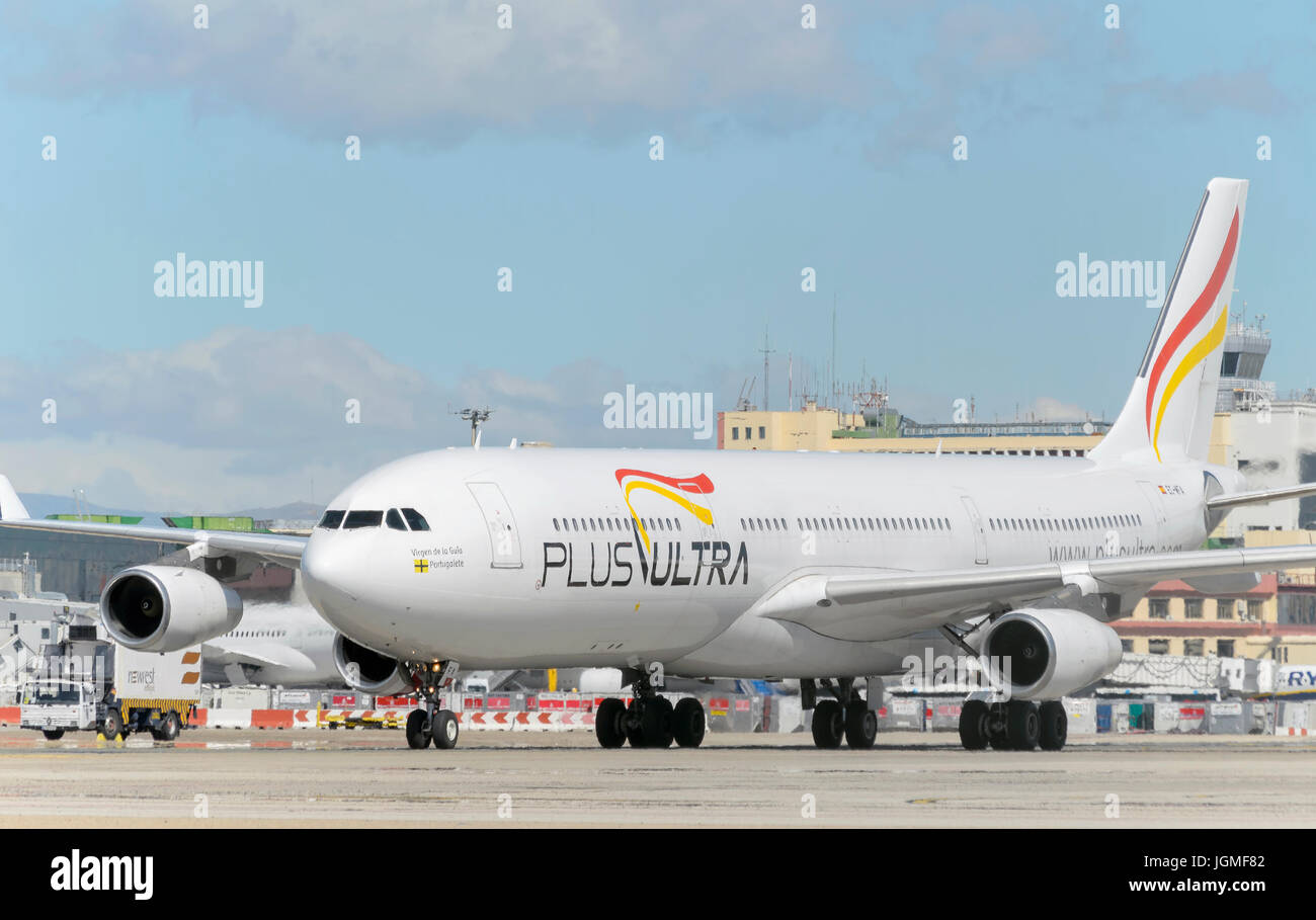 Aircraft Airbus A340 of Plus Ultra Lineas Aereas airline, is arriving ...