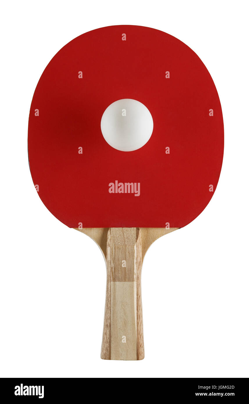 single tablet tennis bat cut out on white background with one ball ...