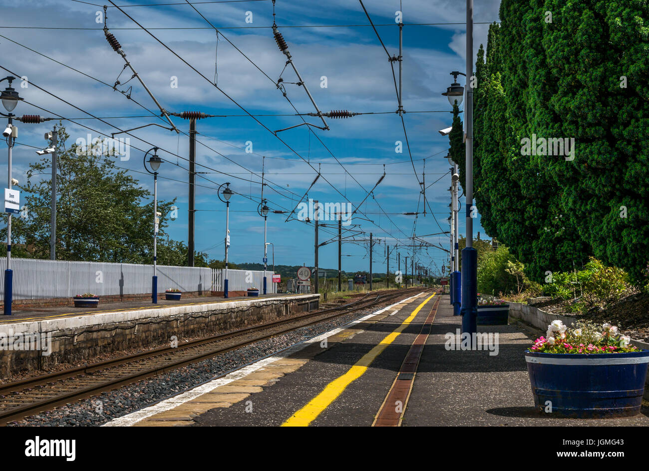 Train station platform at Drem, East Lothian, Scotland, UK with a view ...